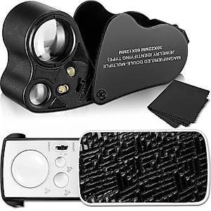 2 Pieces Jewelers Loupe 30X 60X 90X Illuminated Jewelers Eye Loupe Magnifier Jewelry Magnifying Glass Loop with UV Black Light and Bright LED Light for Jewelry Diamond Gem Coin Stamp Rock (Black)