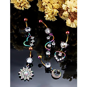 kwoencxi 14G Belly Button Ring for Women Stainless Surgical Steel Long Dangle Curved Hypoallergenic Belly Navel Ring Barbells Bar Belly Piercing Jewelry for Women Colorful 10mm CZ Diamond Gem