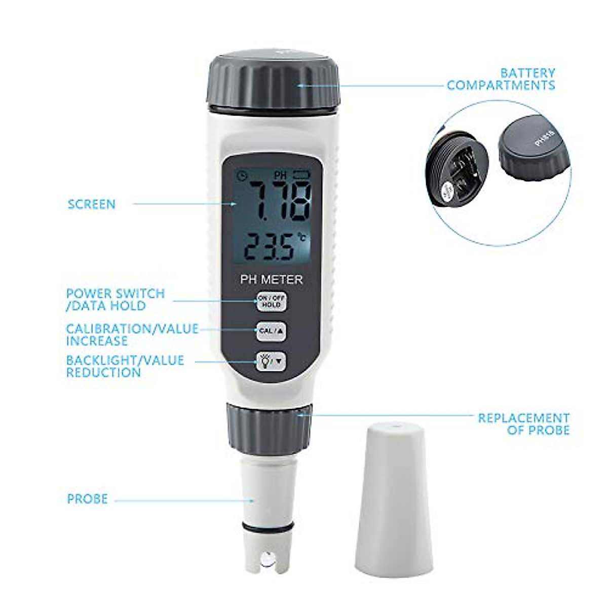 Digital PH Meter, Professional PH & Temperature Meter Portable Water Quality Tester Acidimeter PH818 0-14 pH Measurement Smart Precise ans Sensor LCD Screen