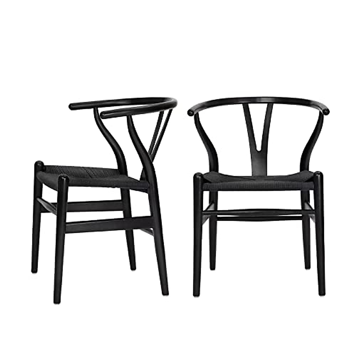 Polynices Wishbone Chair, Weave Modern Solid Wood Mid-Century Y Shaped Backrest Dining Chair (Black Set of 2)
