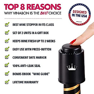 VINABON Vacuum Wine Stopper Set of 2 - Preserves Freshness and Flavor for 15 Days. Improved Pump Design, Easy One Button Operation, 100% Leak Proof Seal in Any Position. Includes WineGuide eBook