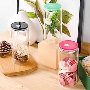 Joyclub 20 oz Glass Cups with Acrylic Lids and Straws 8pcs Can Shaped Glass Iced Coffee Cups with Lids, Drinking Jar Glasses Cute Tumbler Cup Great for Smoothie Soda Boba Tea Cocktail Beer Gift