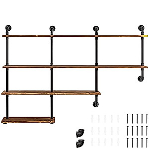 VEVOR Industrial Pipe Shelving, Pipe Shelves with 4-Tier Wood Planks, Rustic Floating Shelves Wall Mounted, Wall Shelf DIY Bookshelf for Bar Kitchen Bathroom Farmhouse Living Room, 63x50x11 inch