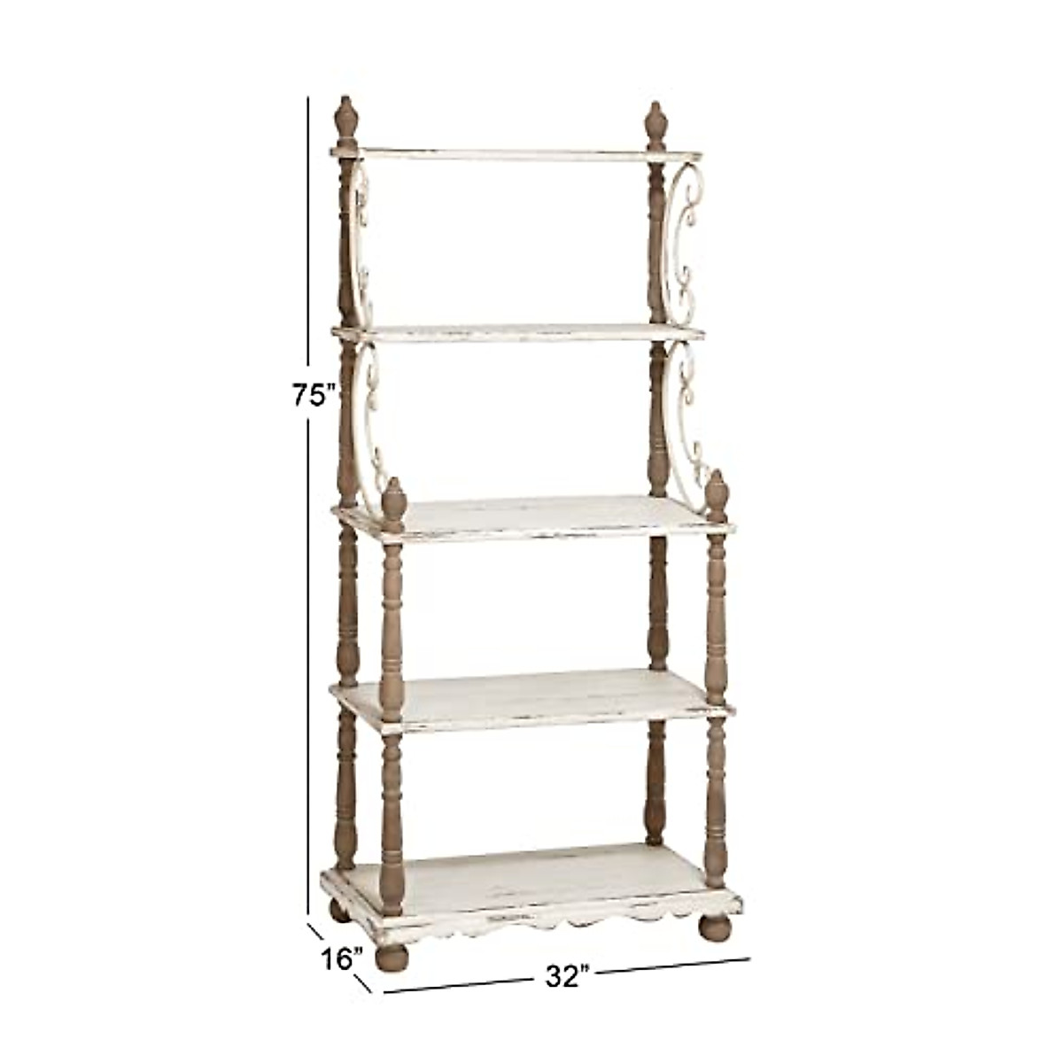 Deco 79 Wood Scroll 5 Shelf Shelving Unit with Brown Spindle Sides and Ball Feet, 32" x 16" x 75", White
