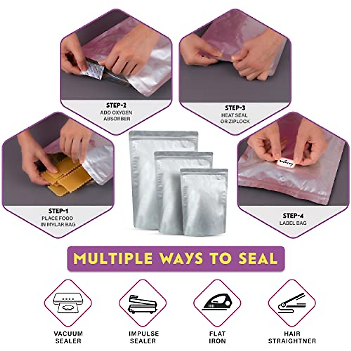 FOLSOM BLVD TODAY - 7 Mil 100 PCS Mylar Bags for Food Storage with Oxygen Absorbers 500CC, 30x Gallon 10x14, 45x Quart 6x9, 25x Half Pint 4x6 - 100 Labels and Marker - Ziplock Heat Resealable Stand-up Airtight Smell Proof - Bolsas Mylar