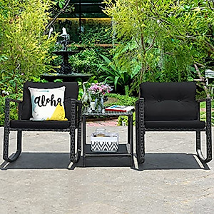 N/A 3PCS Patio Rattan Furniture Set Rocking Chairs Cushioned Sofa Black Rocking Chair