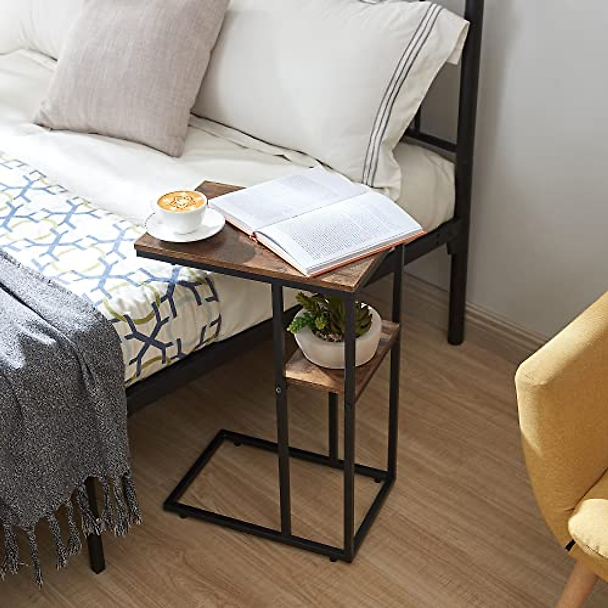 Somdot Side Table, Sofa End Table with Storage Shelf, C Shaped TV Tray Table, Serving Snack Table for Couch Bed, Easy Assembly - Rustic Brown/Black