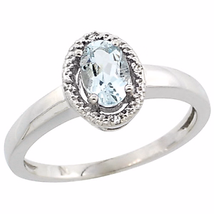 Sterling Silver Diamond Halo Natural Aquamarine Ring Oval 6X4 mm, 3/8 inch wide, size 9