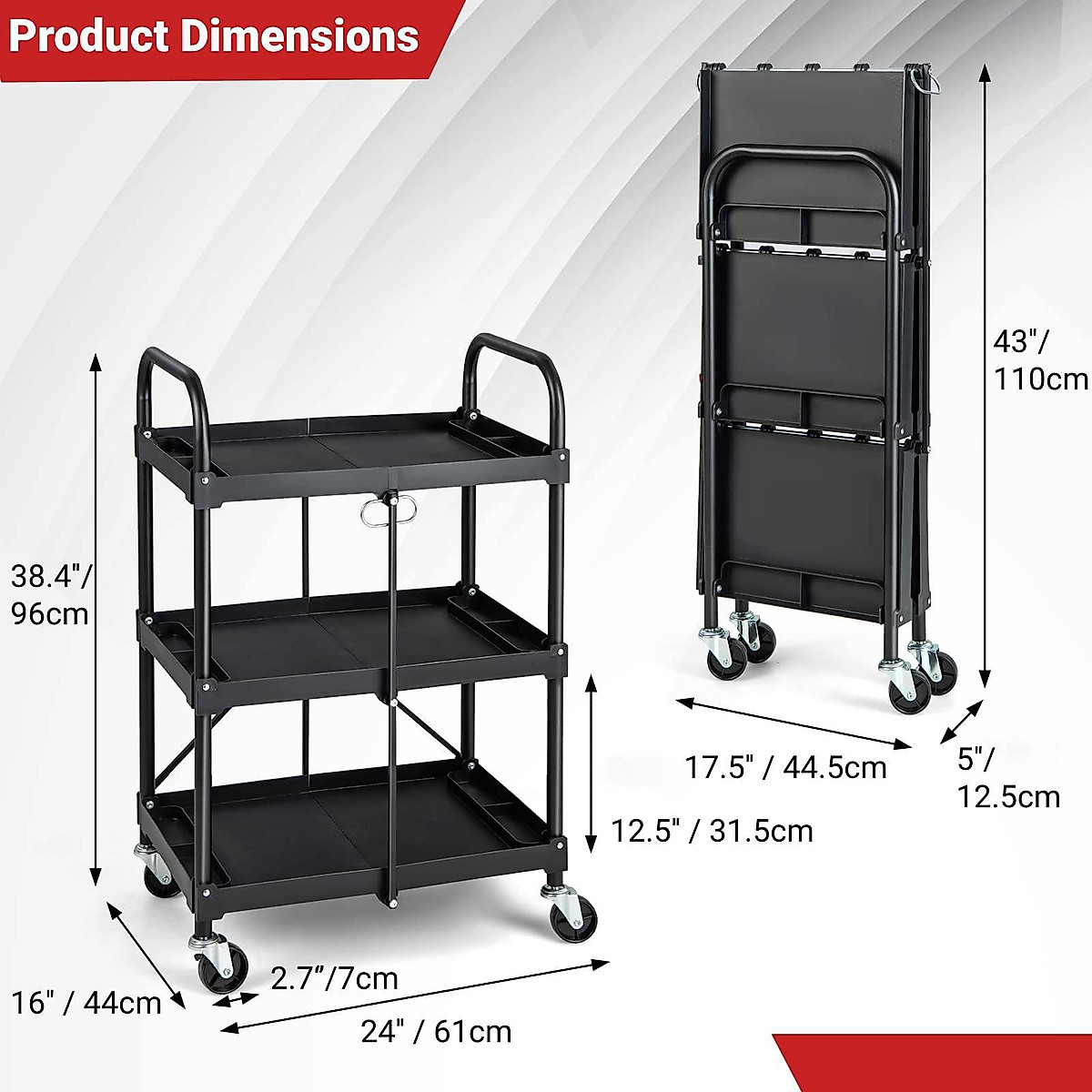 IRONMAX Folding Tool Cart on Wheels, Heavy Duty 3 Tier Foldable Utility Cart w/ 4 Universal Wheel & Compartments, Lightweight Collapsible Service Cart for Garage, Home, Office
