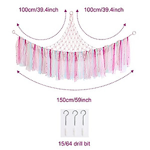 Pink Stuffed Animal Net Hammock, Toy Hammock Hanging Stuffed for Animal Storage with Tassels for for Flat Wall,Nursery Play Room, Kids Girl Bedroom Decor