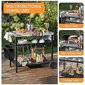 PIZZELLO Outdoor Grill Cart Three-Shelf Pizza Oven Stand Table with Wheels Dining Cart Table for Outside Patio, Movable Kitchen Cooking Prep Table BBQ Cart with 34"x 21" Stainless Steel Tabletop