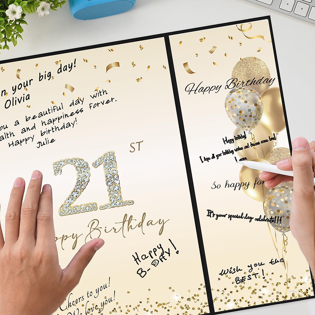 DARUNAXY Black Gold 21st Birthday Party Decorations, Happy 21st Birthday Alternative Signature Guest Book for Men Women Cheers to 21 Years Old Gifts 21 Birthday Signing Card Board Party Supplies