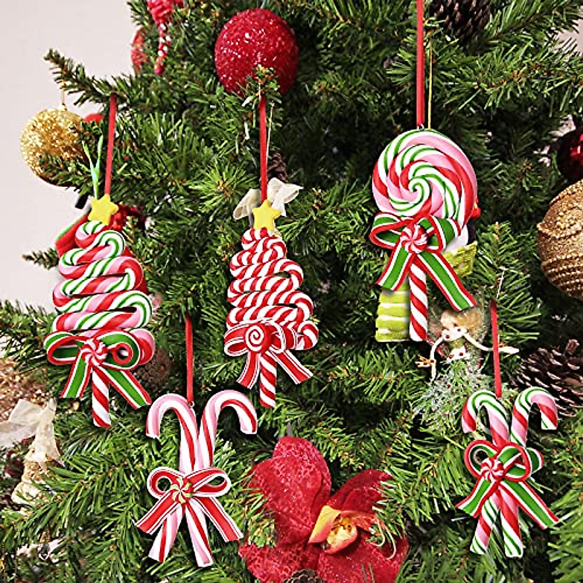 6 Pieces Christmas Candy Ornaments Lollipop Ornament Candy Cane Hanging Decor Peppermint Christmas Tree Decoration Fake Candy Canes Crafts for Xmas Wreath Party Supplies Red and White (Basic Style)
