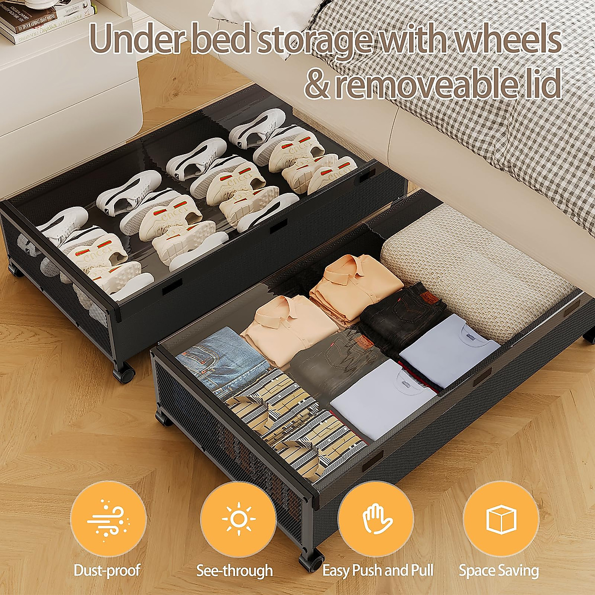 KITHELP Under Bed Storage Containers with Wheels, 2 Pack Underbed Shoe Storage Organizer with Removable Lids, Large Rolling Under Bed Storage Dresser Drawers for Clothes Toys Shoes Blankets