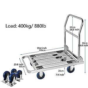 Generic Push Cart Dolly Foldable Hand Truck Heavy Duty Stainless Push Cart Flatbed Trolley with Hollow Out Platform for Lage Baggage Moving Transport Platform, 60*100
