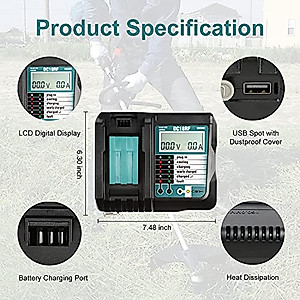 2 Pack 18V 5000mAh Lithium-ion Replacement Battery for Makita and 14.4V-18V Replacement Charger for Makita BL1830 BL1850 BL1840