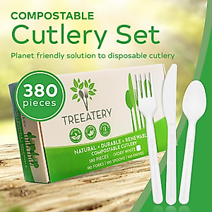 Treeatery - Compostable Cutlery Set, Plant-Based Compostable Utensils Disposable, Dishwasher-Safe Compostable Silverware, 380-Piece Disposable Cutlery, Plant a Tree with Every Box, Ivory White