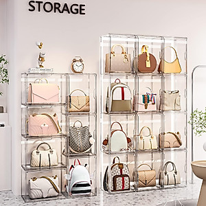 FODIENS 4 Packs Clear Handbag Storage Organizer for Closet, Acrylic Display Case for Purse Handbag, Stackable Purse Organizer Storage Box with Magnetic Door for Wallet Book Toys Collectibles