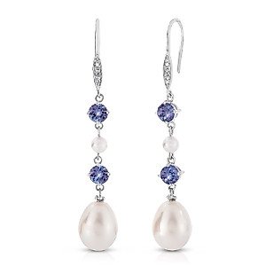 KOKAV Freshwater Pearl with Genuine Tanzanite and Diamond Dangle Earrings in 925 Sterling Silver