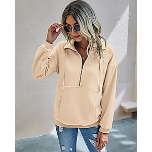 PRETTYGARDEN Women's Casual Long Sleeve Lapel Zipper Sweatshirt Drawstring Loose Pullover Tops (Apricot, Large)