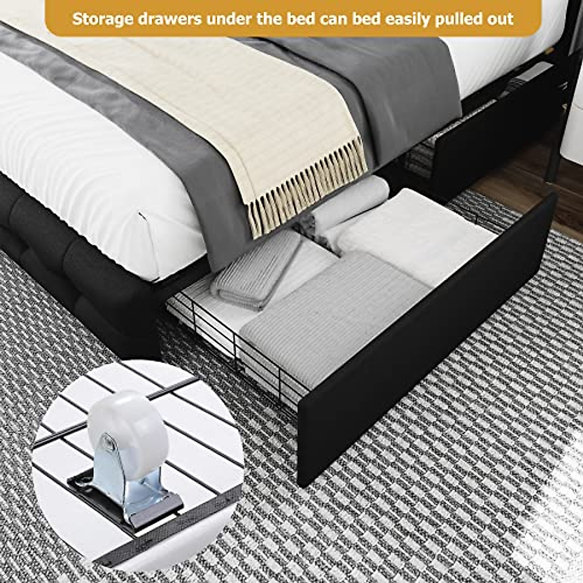 Queen Bed Frame with 4 Storage Drawers and Adjustable Headboard, Upholstered Platform Bed with Button Tufted Design, Strong Wooden Slats Support, No Box Spring Needed, Black