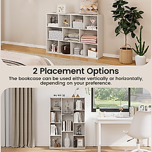 Giantex 11 Cube Reversible Bookcase, Wooden Freestanding Open Bookshelf with Anti-tip Kits, Modern Storage Organizer Cabinet, Wood Display Book Shelf for Living Room, Bedroom, Playroom, White