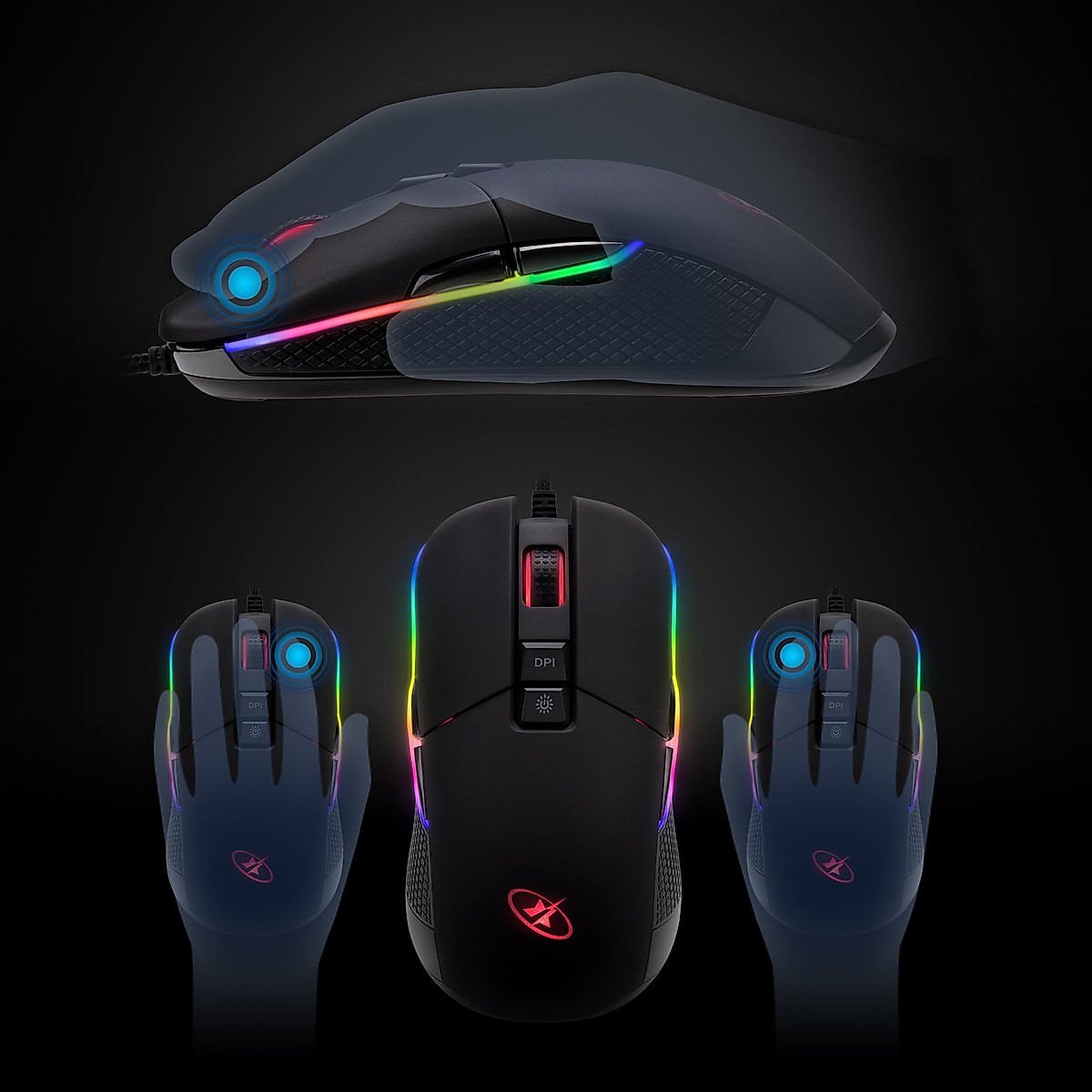 Rosewill Ergonomic Computer Laptop Gaming Mouse, 5 Levels up to 4000 DPI w/ Advanced Optical Sensor, 7 LED Backlit Colors - RGM-400