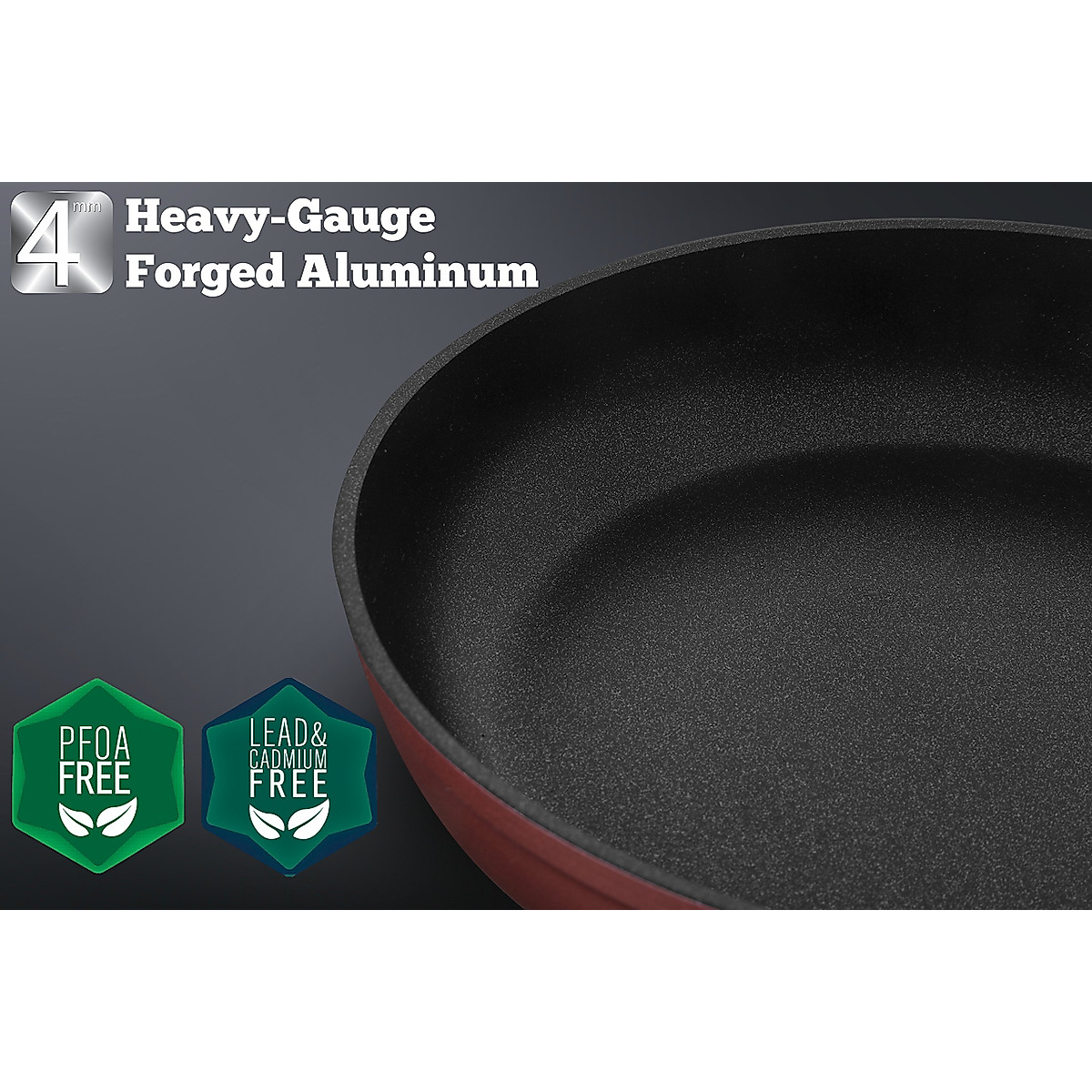 SAFLON Titanium Nonstick 11 Inch Wok and Stir Fry Pan with Glass Lid Forged Aluminum with PFOA Free Scratch Resistant (Red)