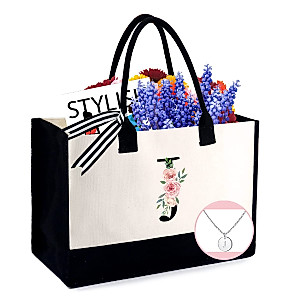 Initial Canvas Tote Bag.Large Canvas Tote Bag for Women.Personalized Birthday Gifts for Women Teacher Bridesmaid.Floral Monogram Tote Bag with Pocket & Initial Necklace. Black/White