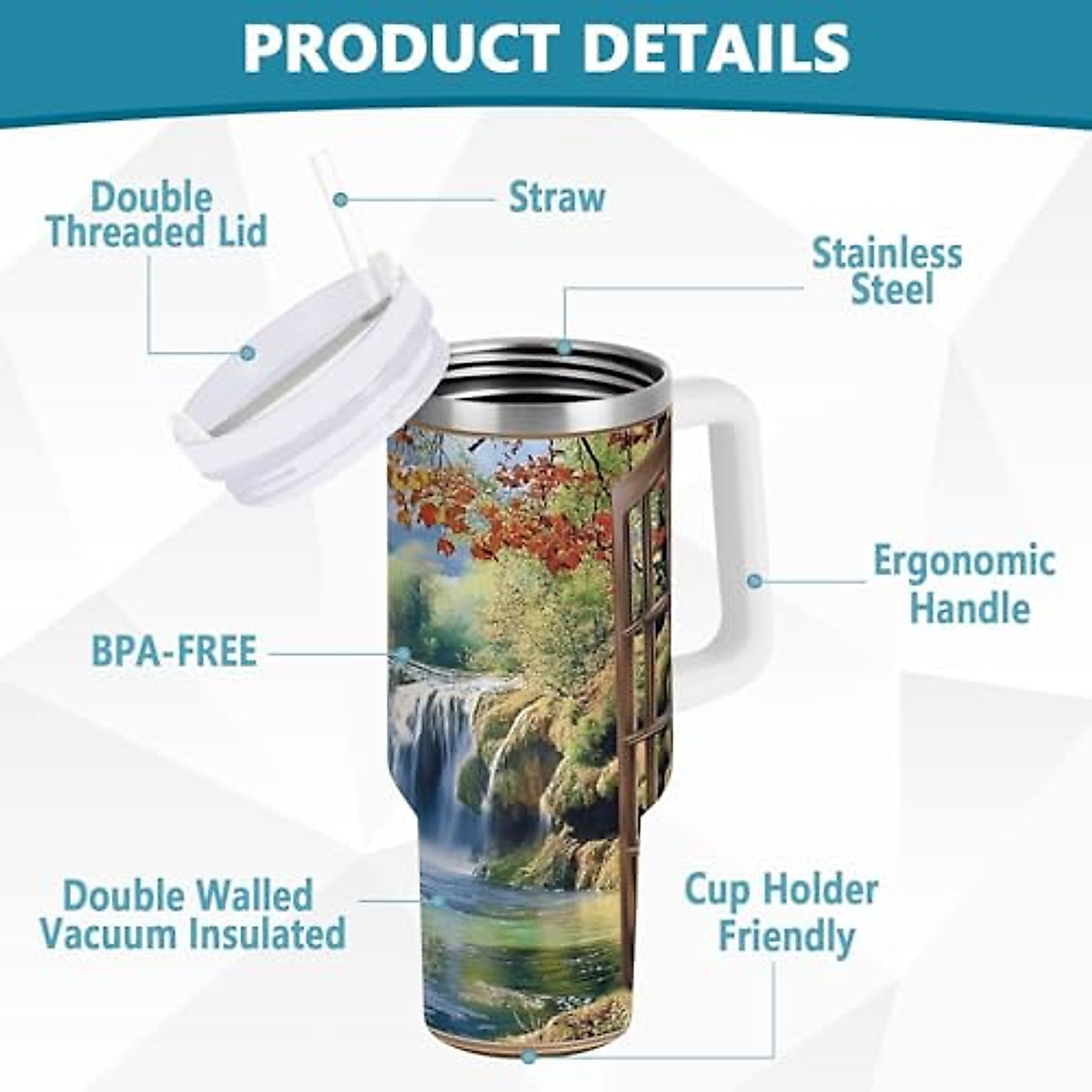 Jihqo Waterfall Forest Seen From Window 40 oz Stainless Steel Vacuum Insulated Tumbler with Handle and Straw Lid, Leakproof Water Bottle Double Wall Travel Mug Coffee Cup, Cupholder Friendly