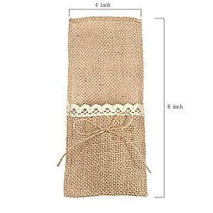 Topmodehome Burlap Cutlery Holders Lace Utensil Pouch Knifes Forks Bag for Vintage Natural Wedding (4x8inch, Rope Bow)