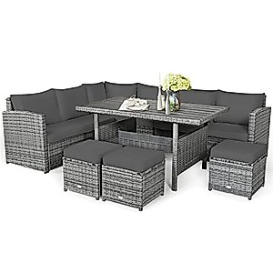 LUKEO 7 PCS Patio Rattan Dining Set Sectional Sofa Couch Ottoman Garden Gray for Yard, Patio, Poolside, Porch, Etc