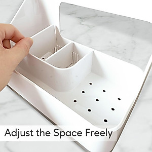 Kitchen Sink Caddy Dish Brush Sponge Holder with Divider and Removable Drain Pan for Brushes Dishcloth Scrubber Accessories, Dishes Caddies Organizer Storage with Drainer Drip Tray for Countertop