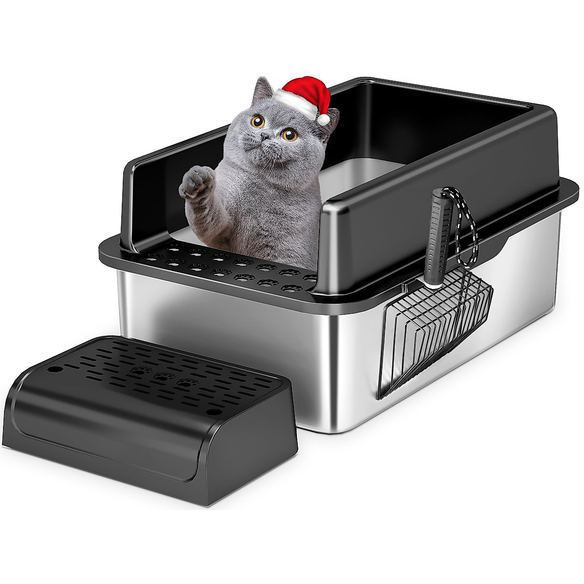 Stainless Steel Cat Litter Box with Lid, Extra Large Enclosure Litter Box for Big Cats, High Sided XL Metal Litter Pan Non-Sticky Anti-Leakage Odor Control Easy Cleaning(Black, 24” x 16” x 12”)
