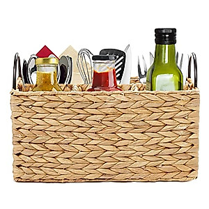 Americanflat Water Hyacinth Basket with Handles - Multipurpose Storage Organizer Caddy - 1 Large and 3 Small Compartments (Natural Color)