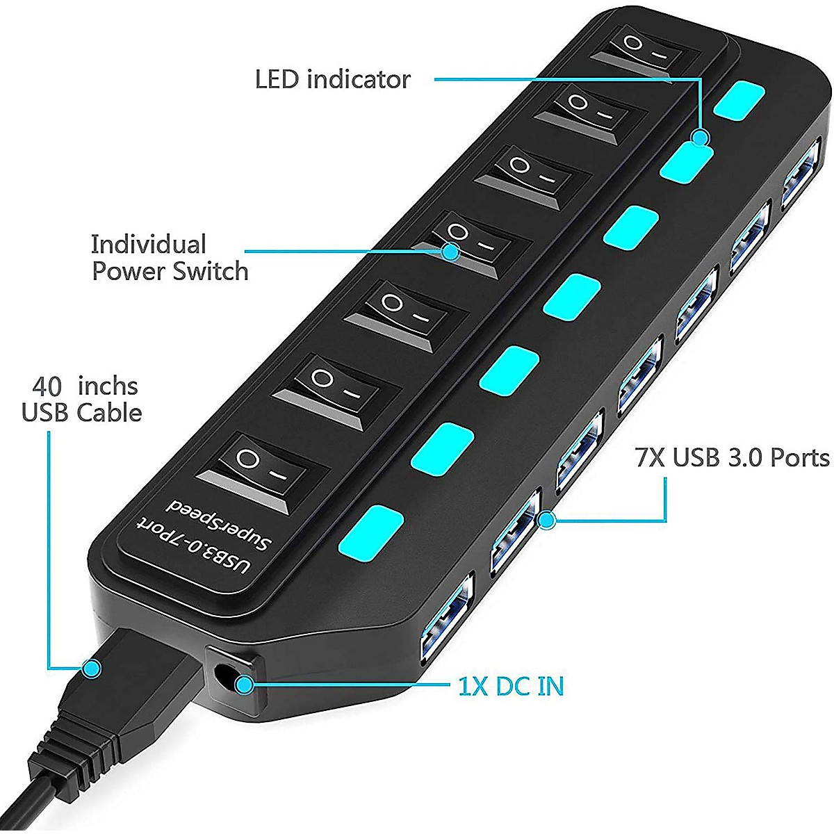 USB Hub 3.0 Powered, Zouhi USB hub 7 Port 3.0 Data Hub Splitter with 5V/2A Power Adapter and with Individual On/Off Switches/Power LED / 3.3ft/1m Long Cable for Mac Pro, MacBook Pro and More