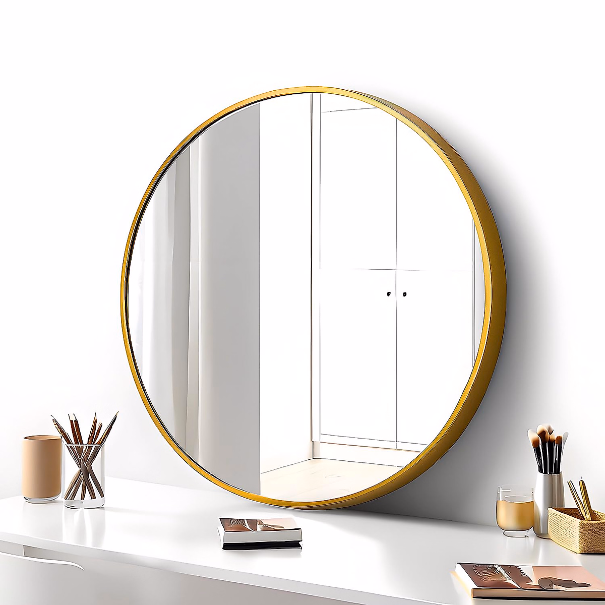 SCWF-GZ 20" Round Mirror Circle Wall Mounted Hanging or Against Wall Metal Frame Dressing Make-up Mirrors for Entryway Bedroom Bathroom Living Room 20 inch Gold
