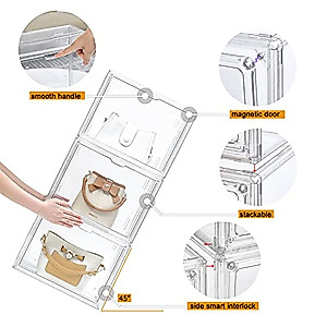 Qozary 3 Pack Handbag Purse Organizer for Closet, Clear Display Case, Stackable Plastic Storage Organizer Boxes for Handbag, Purse, Figures, Toys Collection, High-End Sunglasses, Book