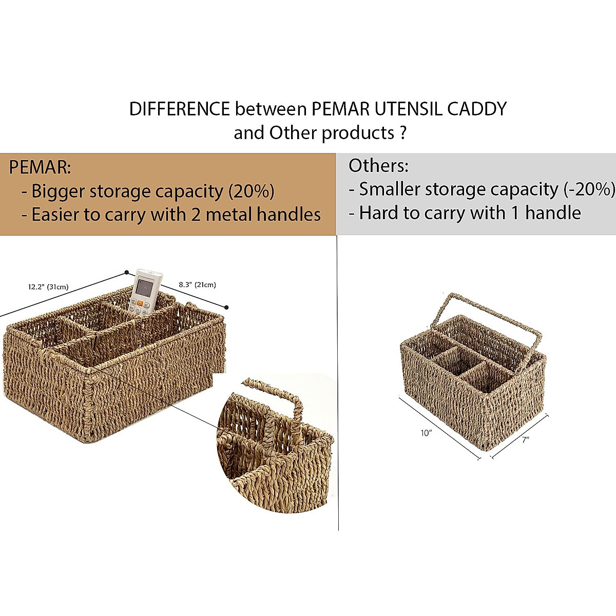 PEMAR Large L-Sized Hand Woven Utensil Caddy Carrier, Natural Jute Wicker Condiment Holder for Table, Kitchen Set Counter Top Silverware Organizer, Rustic Storage Forks, Spoons (Seagrass)