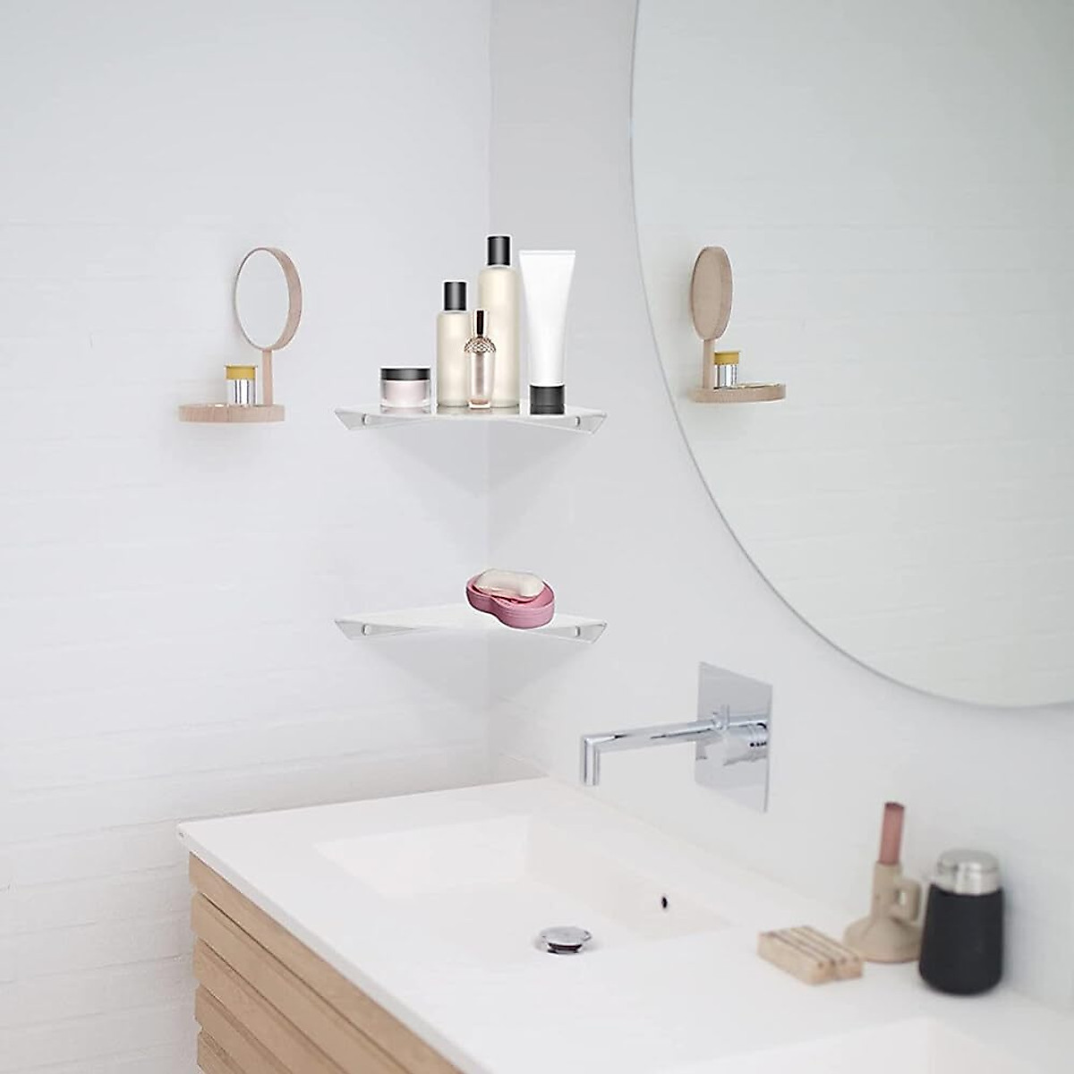 Ztexkee Acrylic Corner Floating Shelves, 2 Pack Acrylic Wall Mount Floating Corner Shelves Wall Storage Display Organizer for Bathroom Bedroom Living Room Kitchen Home Decor