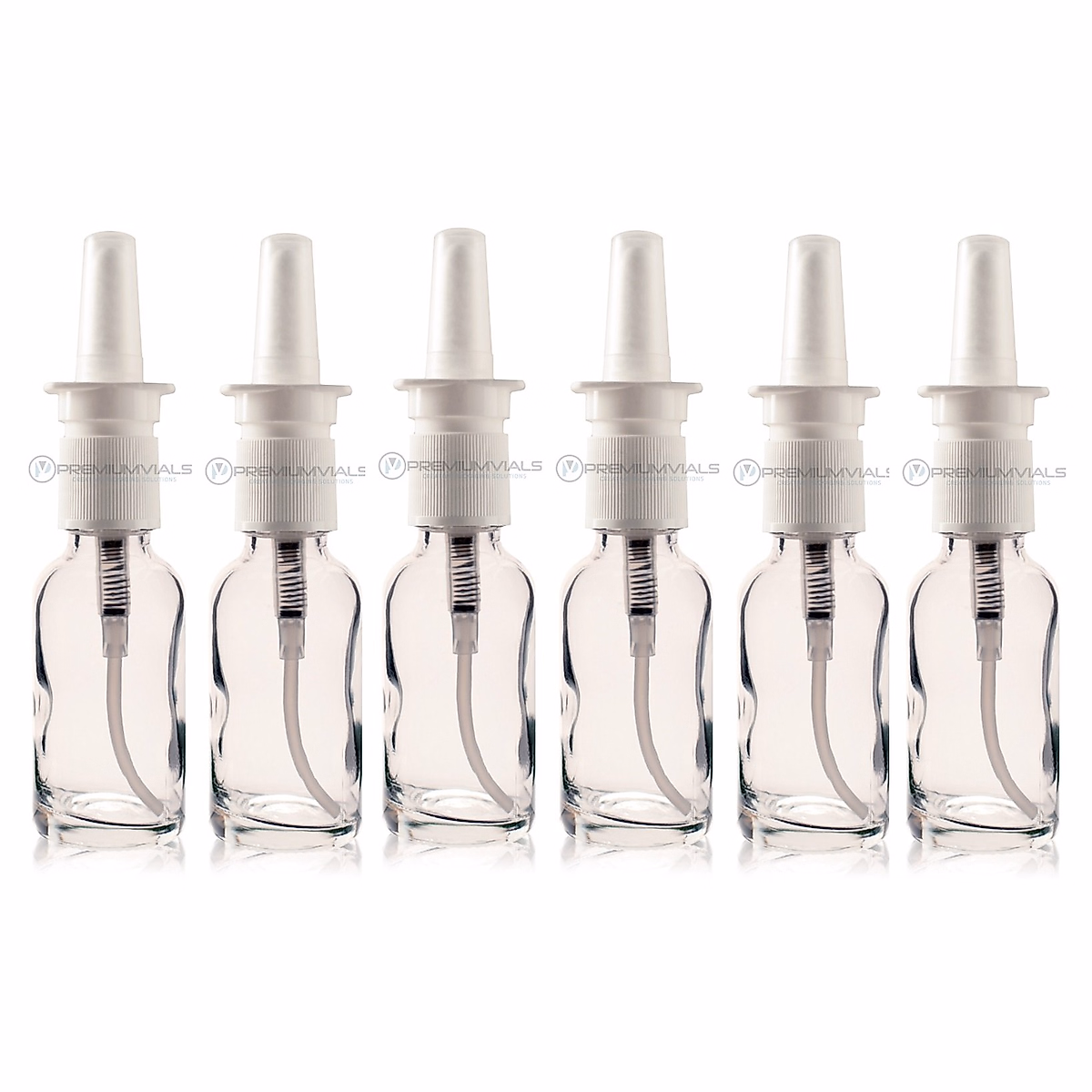 PREMIUM VIALS CREATIVE PACKAGING SOLUTIONS 1 OZ CLEAR BOSTON ROUND GLASS BOTTLE - W/NASAL SPRAYERS - Pack of 6