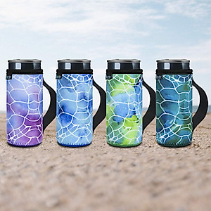 Beautyflier 12oz Slim Can Neoprene Bottle Insulator Sleeve Collapsible Drink Skinny Can Tall Can Cooler for 12 Ounce Energy Drink Beverage Beer Can (Turtle Pattern With Handle (4 Pcs))