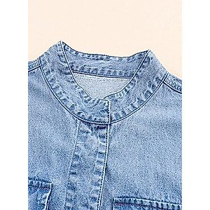 Dokotoo Jean Jackets for Women Cropped Jackets Fashion Spring Fall 2023 Casual Long Sleeve Utility Cargo Denim Jacket Button Down Trucker Shacket Jackets Coat with Pockets Sky Blue Medium