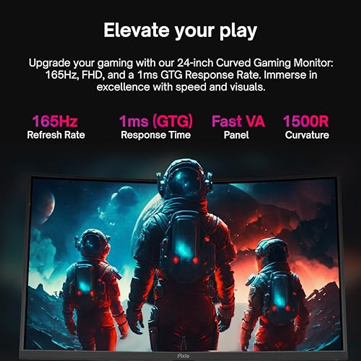 Pixio PXC243S 24 inch 165Hz Refresh Rate FHD 1080p Resolution 1500R Curve Fast VA Panel 1ms GTG Response Time Adaptive Sync HDR Curved Gaming Monitor
