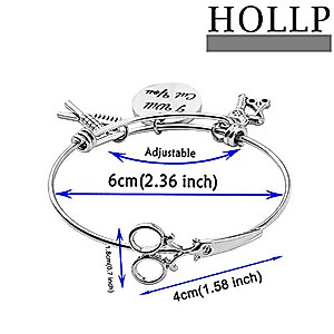 HOLLP Expandable Hairdresser Bracelet Hair Stylist Gift I Will Cut You Hairdresser Jewelry Scissor Bangle Bracelets with Comb Hair Drier Charm Graduation Gift (Style 2)