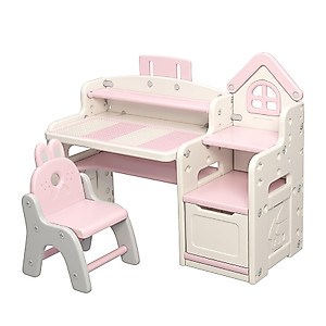 UNICOO Kids 3 in 1 Multifunctional Desk, Kids Activity Table, Children Height Adjustable Learning Desk, Toddler Drawing Table Art Table with Chair Set (QB-002-P Pink)