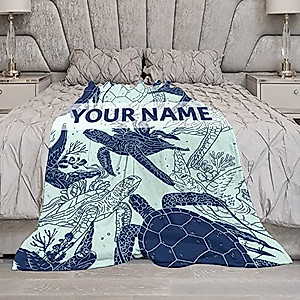 Personalized Sea Turtle Blanket with Name - Soft, Fuzzy & Warm - 40"x50" Small Blanket for Couch, Sofa - Blue Cute Throw Gifts for Adults, Kids