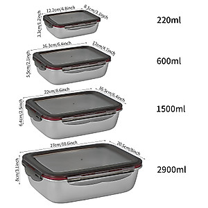 YLARMY 4PCS Stainless steel Food Storage Container with lids - Leakproof & Airtight for Kitchen,Meal Prep Lunch Box, Stackable Leftover Containers for Freezer Oven Safe 220ml/600ml/1500ml/2900ml