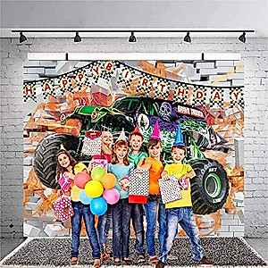 QUEENMO Monster Truck Backdrop Birthday Party Backdrop Racing Cars Grave Digger Checkered Flag Photography Background for Baby Boy Cake Table Decorations Banner Photo Booth Props Supplies