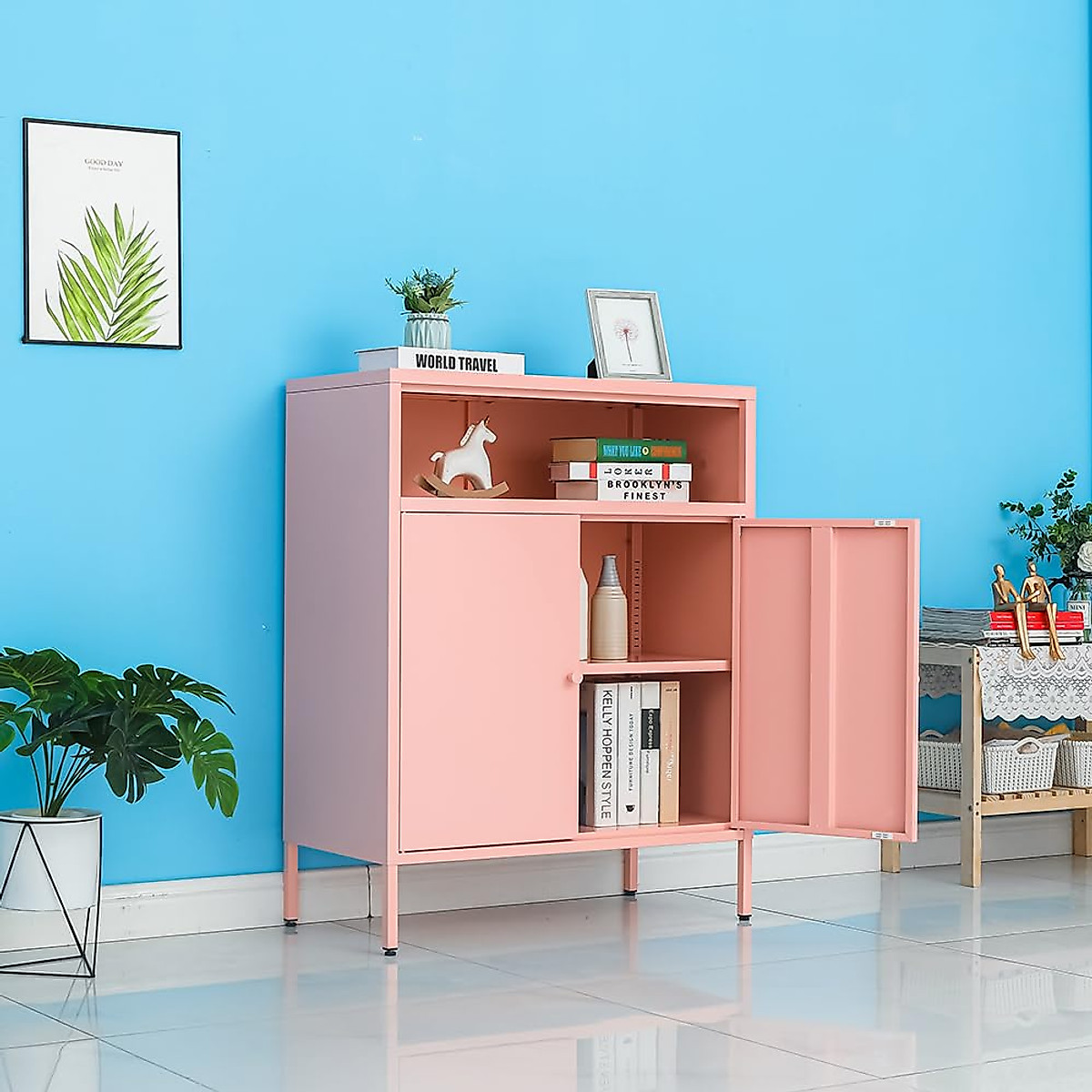 Fumedo 2 Door Metal Storage Accent Cabinet for Bed Room,Living Room,Home,Hotel,Office,Garage,Kitchen,2-Tier,1 Removable Shelf,7.1''H Open Top Space. (Pink)